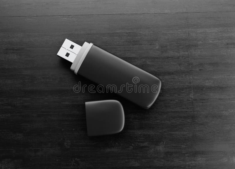 Black USB Drive on a Black Wooden Background. 3d. Stock Illustration ...