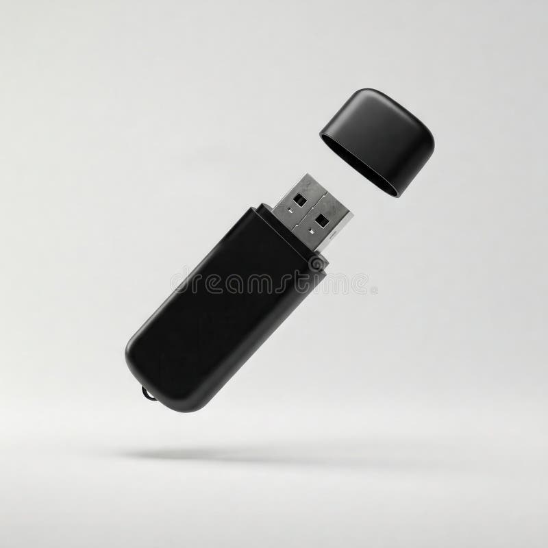 A Levitating USB Flash Drive with Its Cap Removed Against a Solid White ...