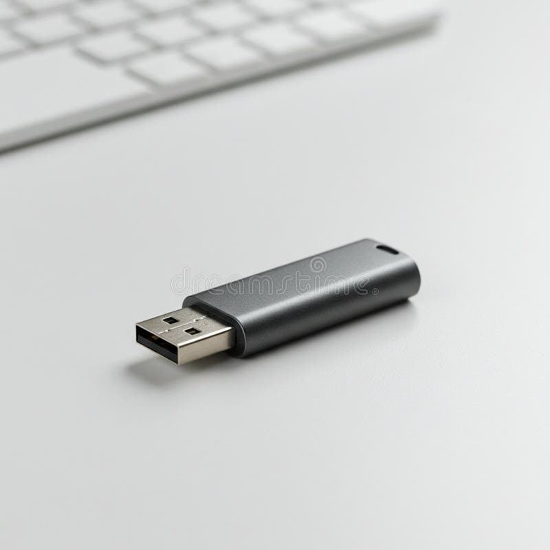 A Black USB Flash Drive Lies on a Smooth, Light Gray Surface, with a ...