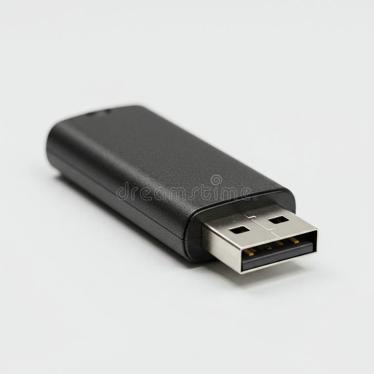 A Black USB Flash Drive with a Metal Connector Lies on a Plain White ...