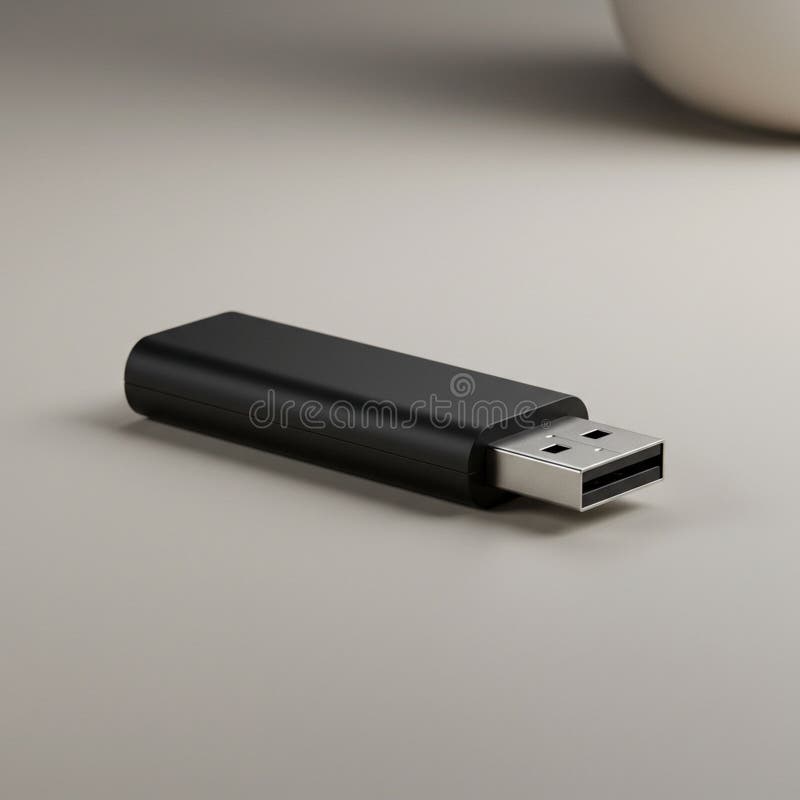 A Black USB Flash Drive is Shown on a Smooth, Light-colored Surface ...