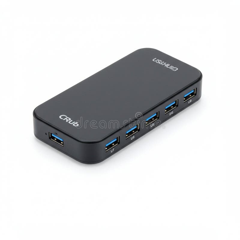 Black USB Hub with a Rectangular, Rounded Design Featuring Five USB 3.0 ...
