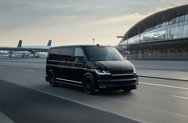A Black Van Driving on the Highway, with an Airport in the Background ...