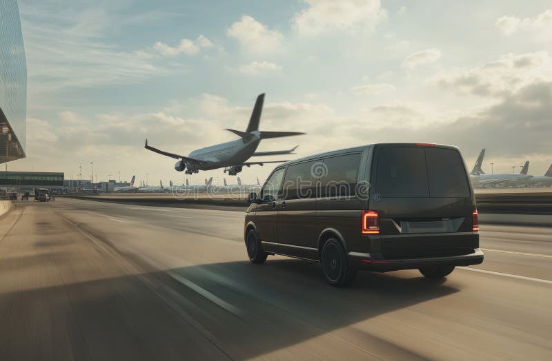 A Black Van Driving on the Highway, with an Airport in the Background ...