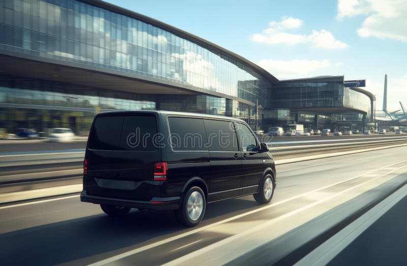 A Black Van Driving on the Highway, with an Airport in the Background ...