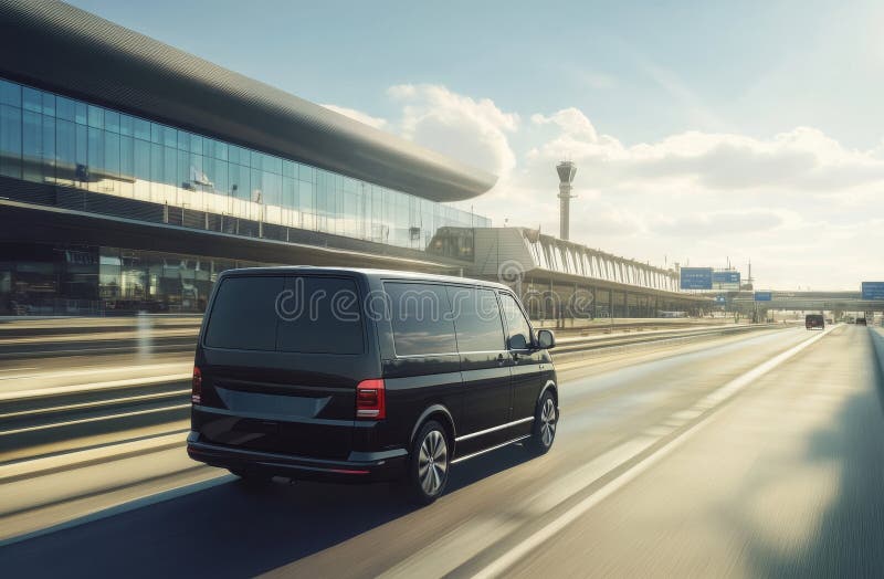 A Black Van Driving on the Highway, with an Airport in the Background ...