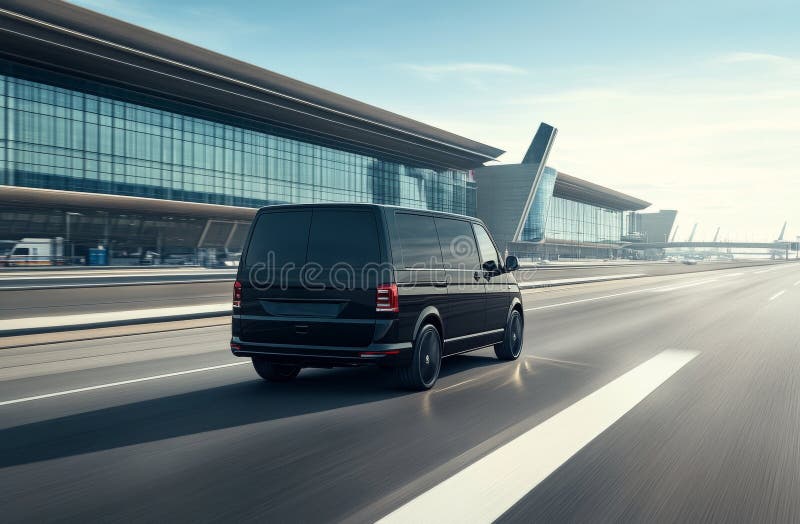 A Black Van Driving on the Highway, with an Airport in the Background ...
