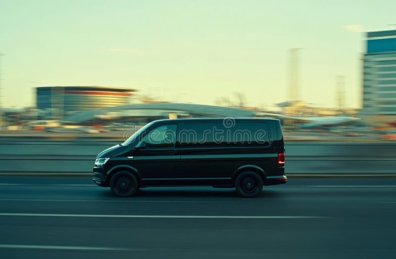 A Black Van Driving on the Highway, with an Airport in the Background ...