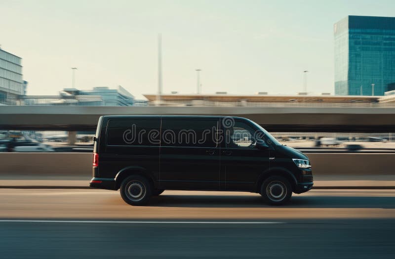 A Black Van Driving on the Highway, with an Airport in the Background ...