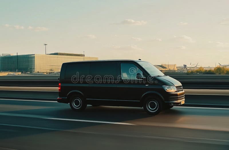 A Black Van Driving on the Highway, with an Airport in the Background ...