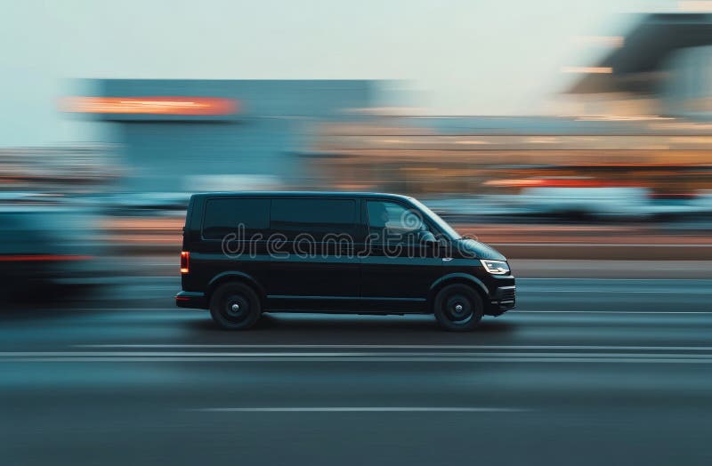 A Black Van Driving on the Highway, with an Airport in the Background ...