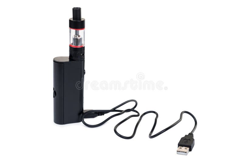 Black Vape with a Cable for Charging on a White Isolated Background ...