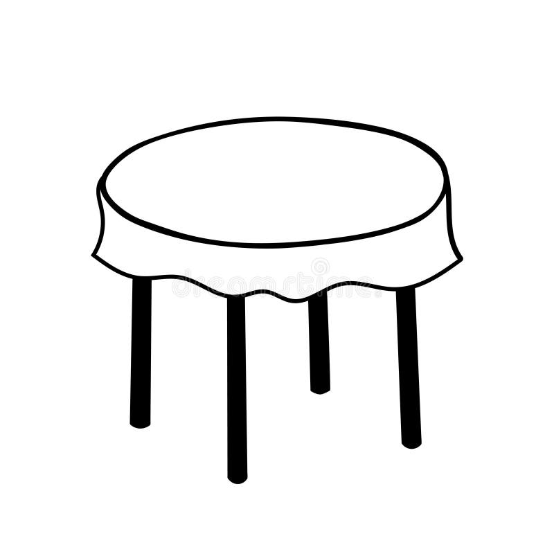 Black Vector Outline Illustration of a Round Table with Tablecloth ...