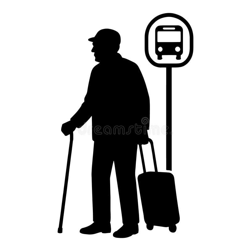 Black Vector Silhouette of an Elderly Man with a Cane and Suitcase at a ...