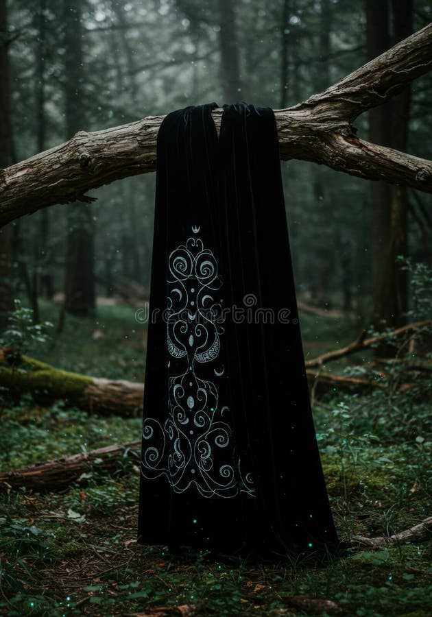 Black Velvet Cape with Glowing Pattern Hanging on Tree Branch in Dark ...