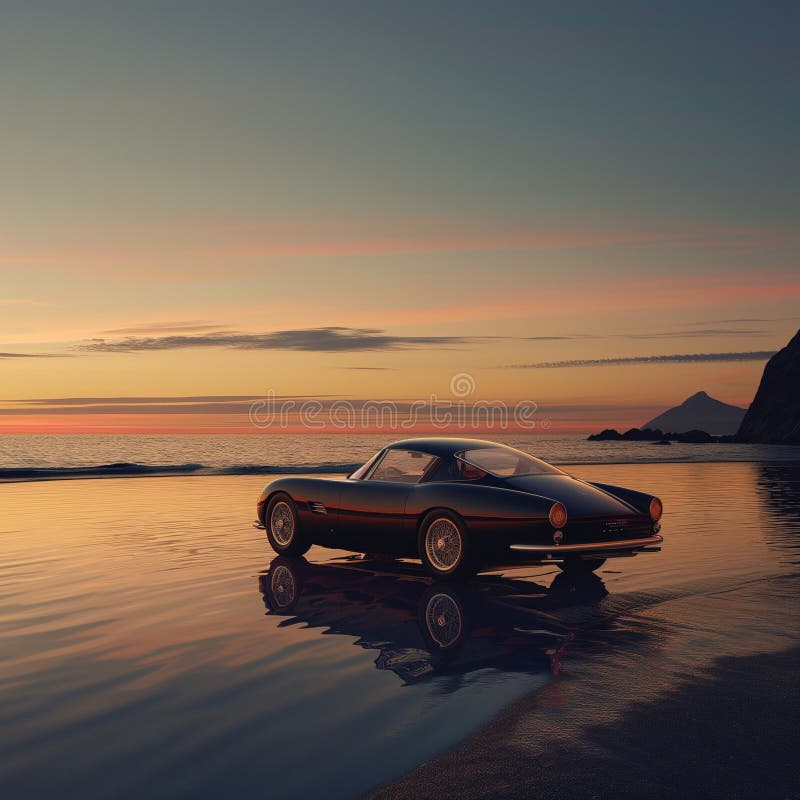 Black Vintage Car on Beach at Sunset with Mountains in Background, AI ...