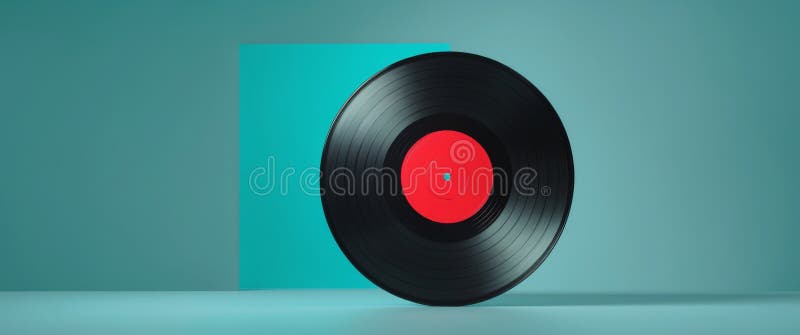 Black Vinyl Record with Red Center on Teal Background. Stock Image ...