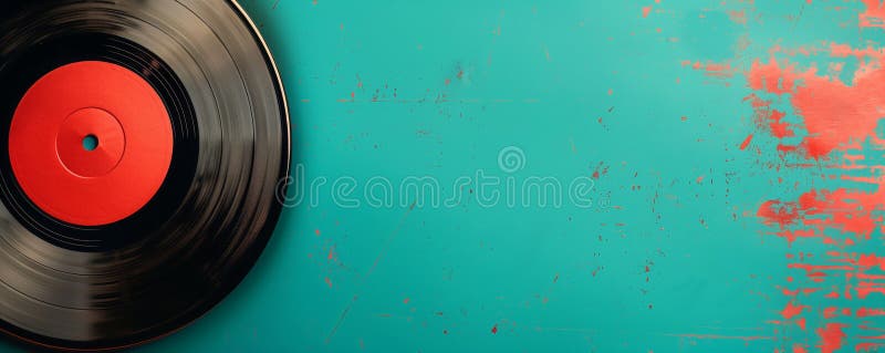 A Black Vinyl Record with a Red Label, Lying on Its Side on a Turquoise ...