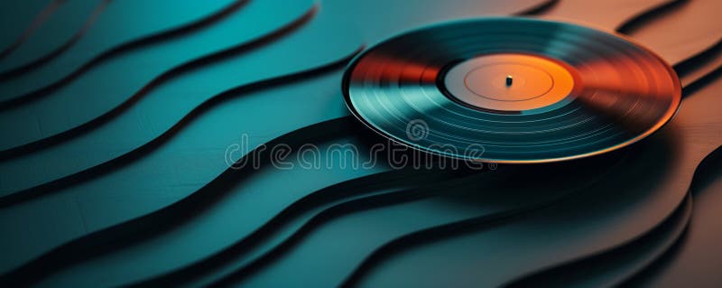 A Black Vinyl Record Sits on Its Side on a Teal Surface with Wavy ...