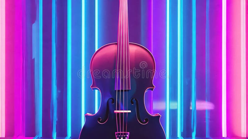 A Black Violin is Standing in Front of a Wall of Neon Lights Stock ...