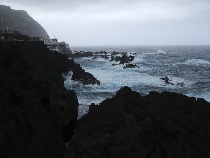 Black Volcanic Rocks on Atlantic Coast, Madeira Stock Image - Image of ...