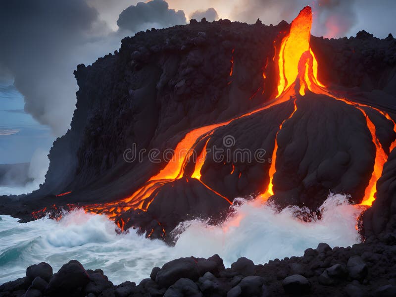 Black Volcano Eruption of the Big Red Lava Stock Illustration ...