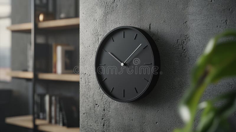 Black Wall Clock on a Gray Concrete Wall in a Modern Office Stock Photo ...