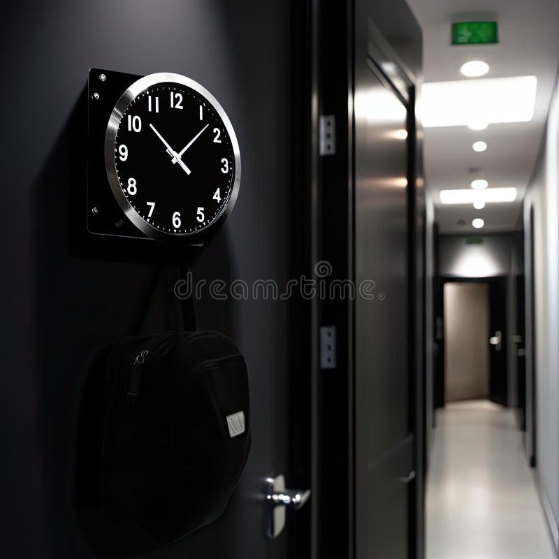 Black Wall Clock in the Hallway of a Modern Office Building - Time ...