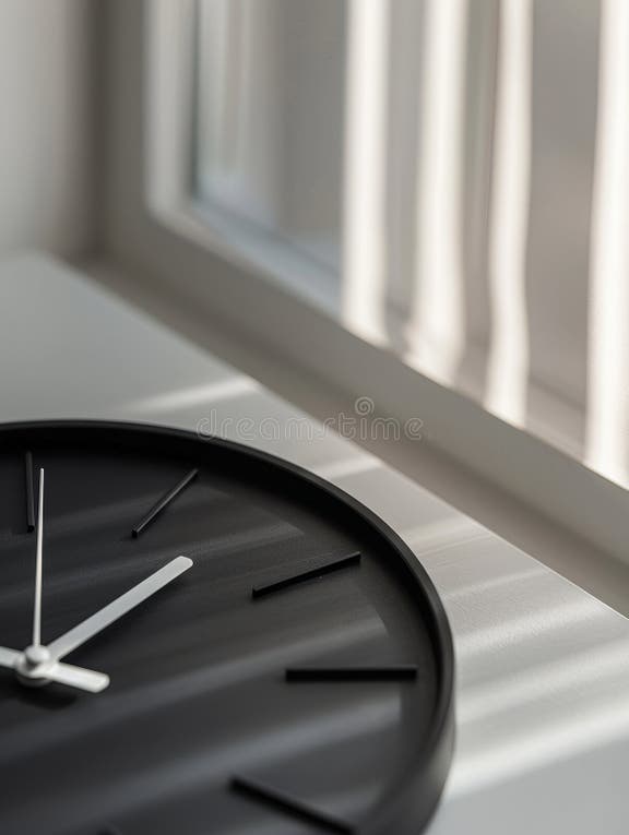 Black Wall Clock on a White Surface with Striped Shadows. Stock Image ...