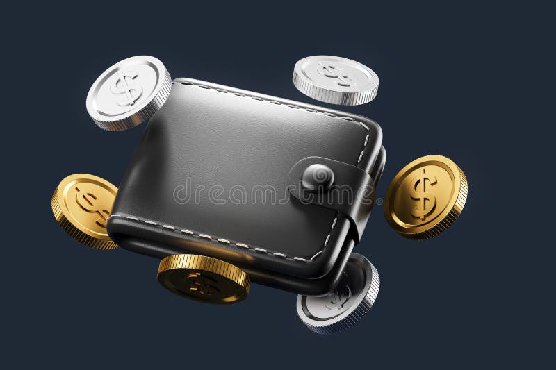 Black Wallet with Floating Gold and Silver Coins Stock Illustration ...