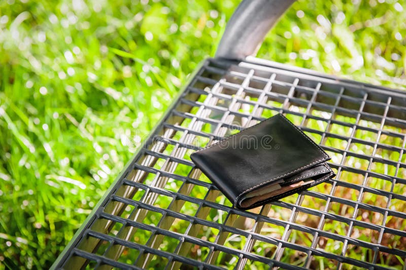 Black Wallet on Metal Bench Outdoors, Space for Text. Lost and Found ...