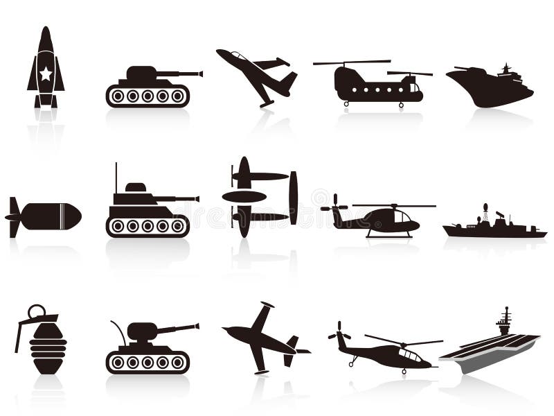 Black war weapon icons set stock vector. Illustration of bomber - 24114005