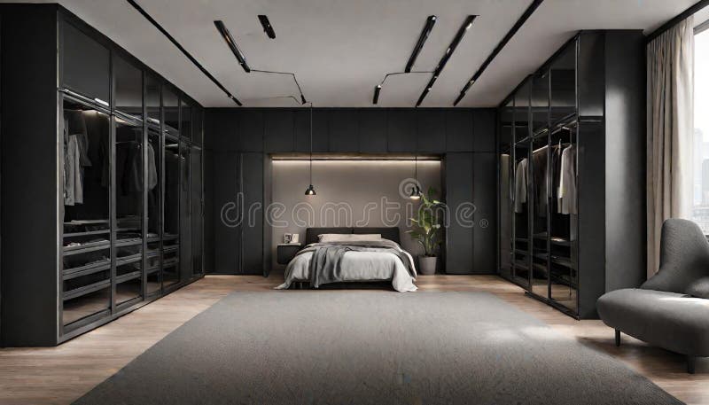 The Black Wardrobe in the Bedroom is Closed, Modern Renovation. Stock ...