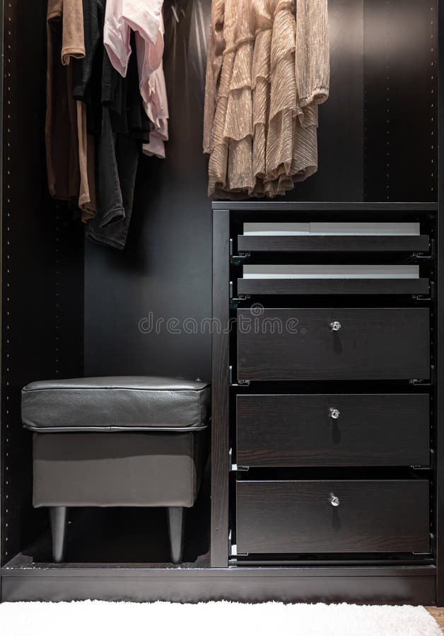 Black Wardrobe, Locker and Pouf, Inside View. Stock Photo - Image of ...
