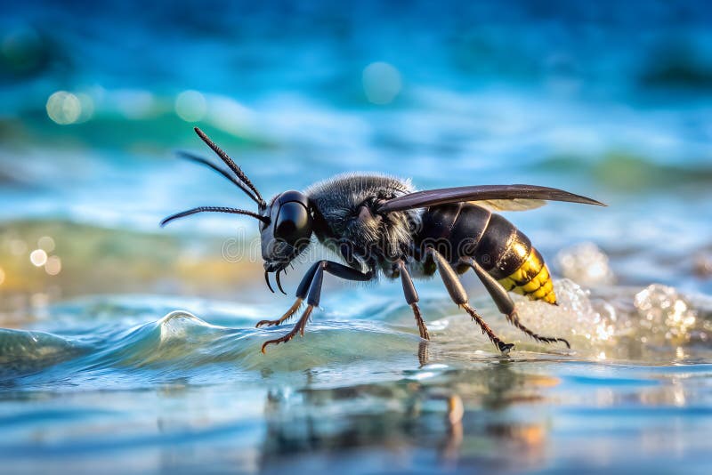 Black Wasp bug walks ocean stock illustration. Illustration of ...