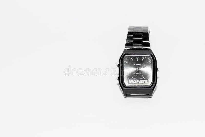 Black Watch with Hands and Electronic Dial on White Background ...