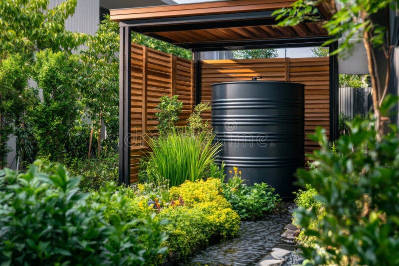 Black Water Tank in a Lush Garden with a Stream Stock Illustration ...