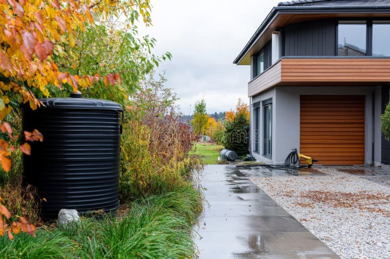 Black Water Tank beside Modern House with Gravel Pathway Stock ...