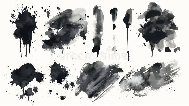 Black Watercolor Horizontal Grunge Stains and Lines Set Stock ...