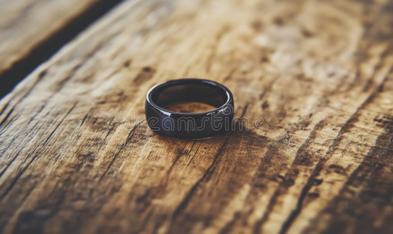 Black Wedding Ring on Rustic Wooden Surface, Elegant Design, Modern ...