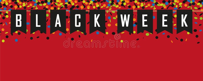 Black Week Sale Flags and Confetti Banner on White Background Stock ...