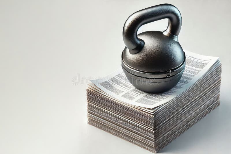 A Black Weight on a Stack of Papers. Space for Text. Stock Image ...