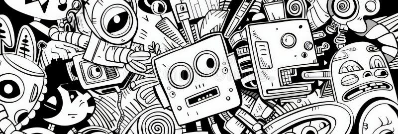 Black and White Abstract Doodle Art with Various Robotic Elements and ...