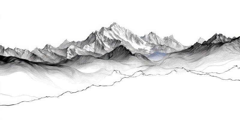 Black and White Abstract Mountain Line Art Landscape with Layers and ...