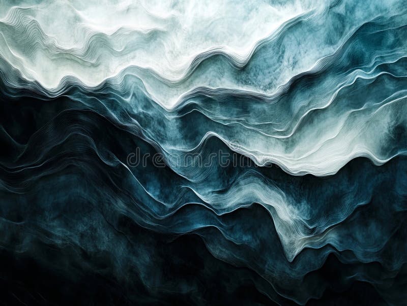 A Black and White Abstract Painting of Wavy Lines on a Black Background ...