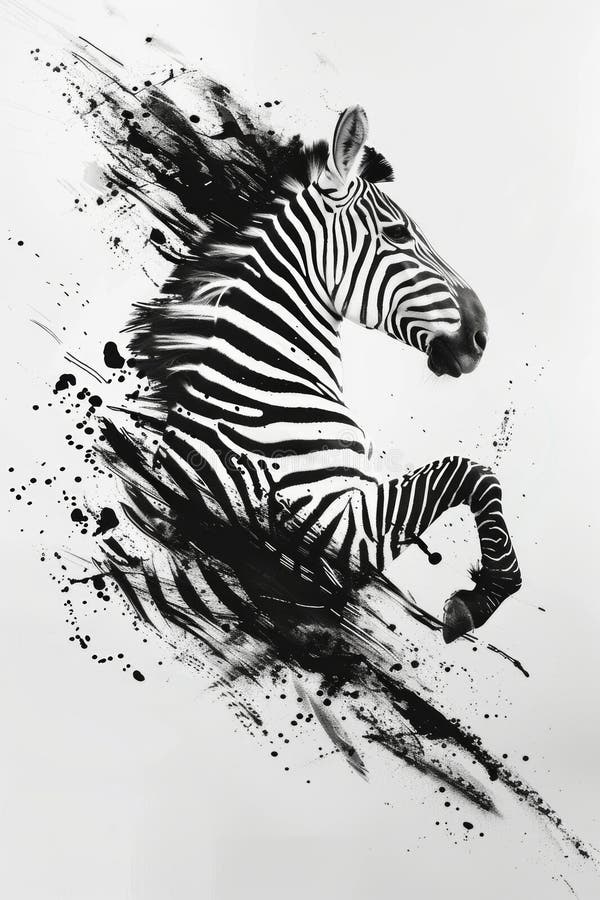 Black and White Abstract Painting of a Zebra Running with Ink Splatters ...