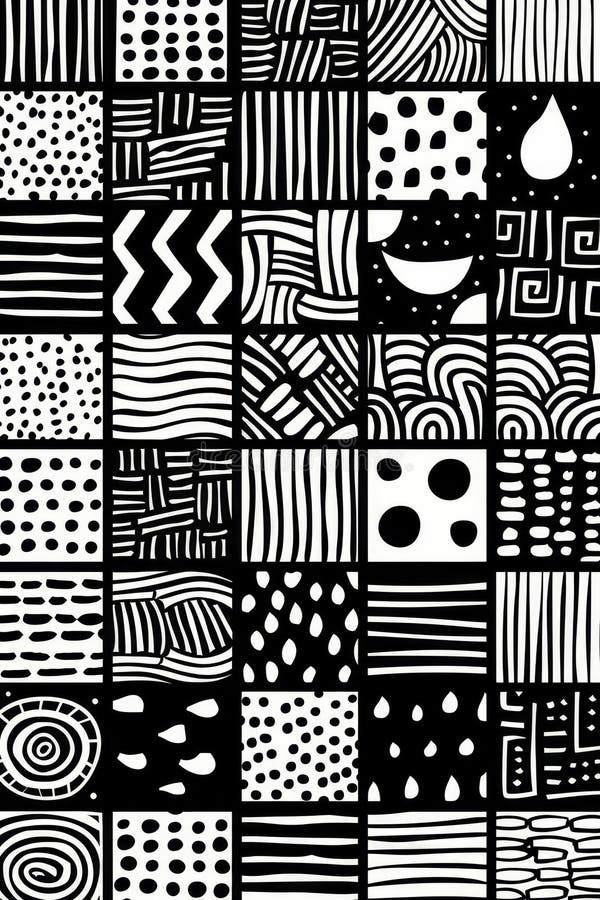 Black and White Abstract Patterns Arranged in a Grid Layout on a Canvas ...