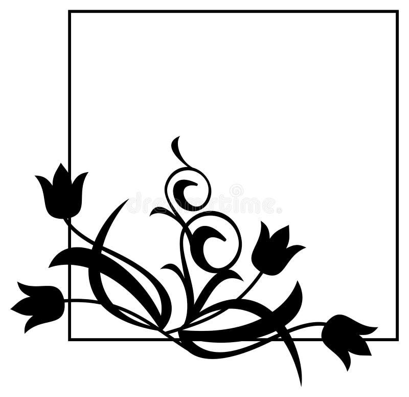 Black and White Abstract Square Frame with Flowers Silhouettes. Stock ...