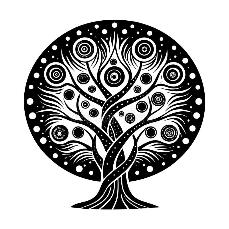 Abstract Black and White Tree with Concentric Circles and Dots ...