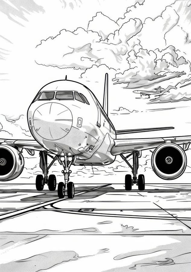 Black and White Airplane on Runway for Children S Coloring Book Stock ...